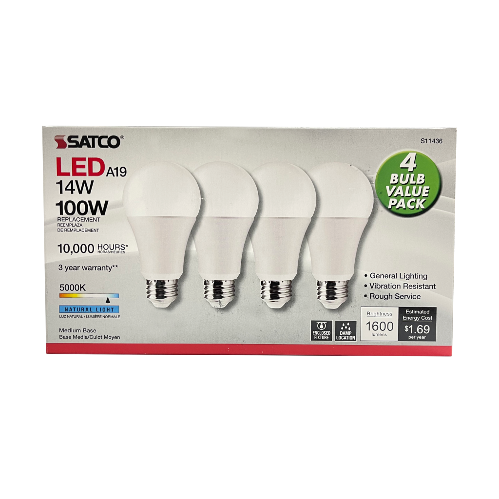 SATCO 14W [100W] 4PK A19 5000K MED BASE NON-DIMMABLE LED - Atlantic ...