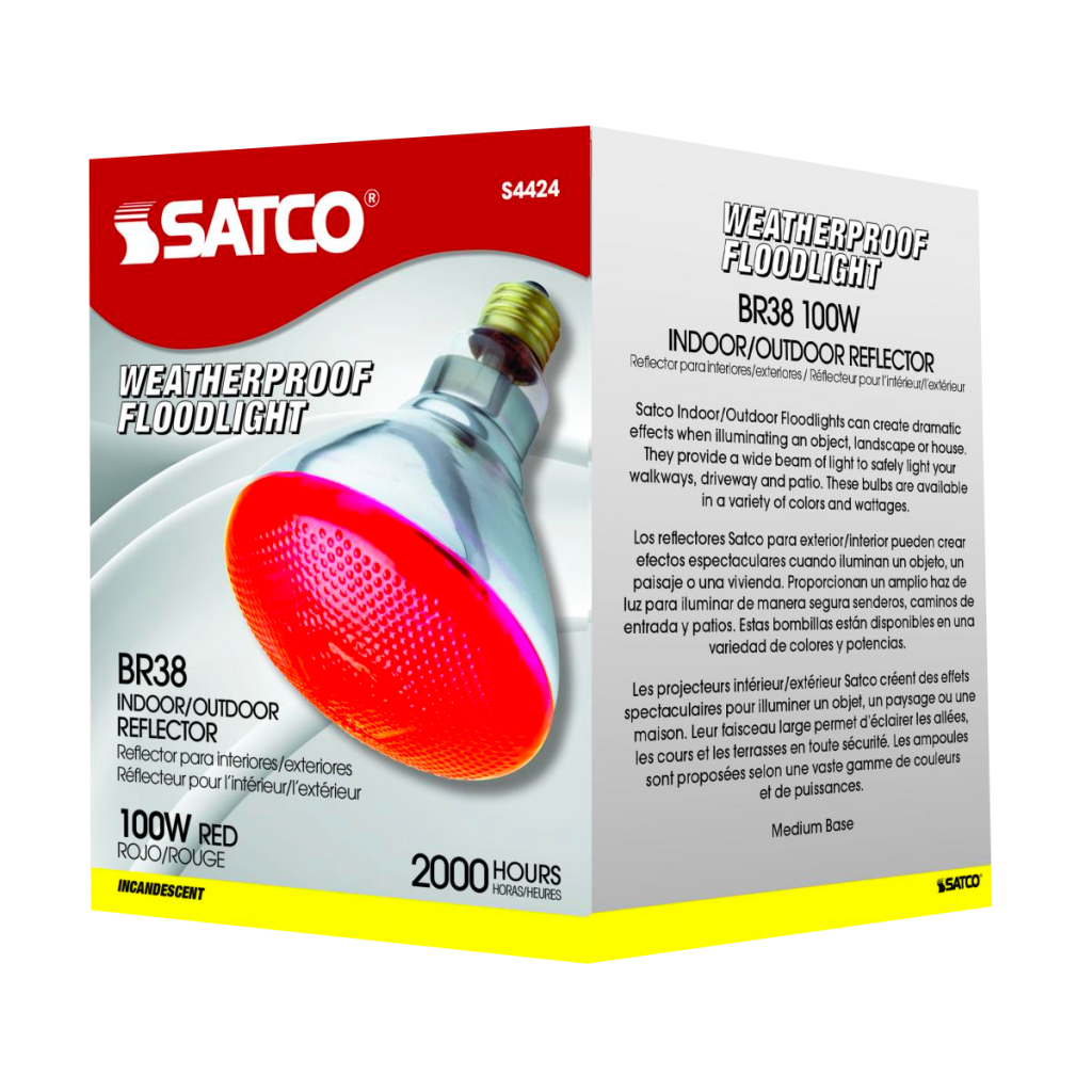 SATCO 100W BR38 RED 120V INCANDESCENT REFLECTOR - Atlantic Trading Co.