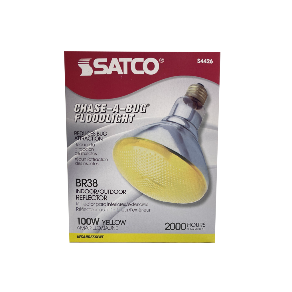 SATCO 100W BR38 YELLOW 120V INCANDESCENT REFLECTOR - Atlantic Trading Co.