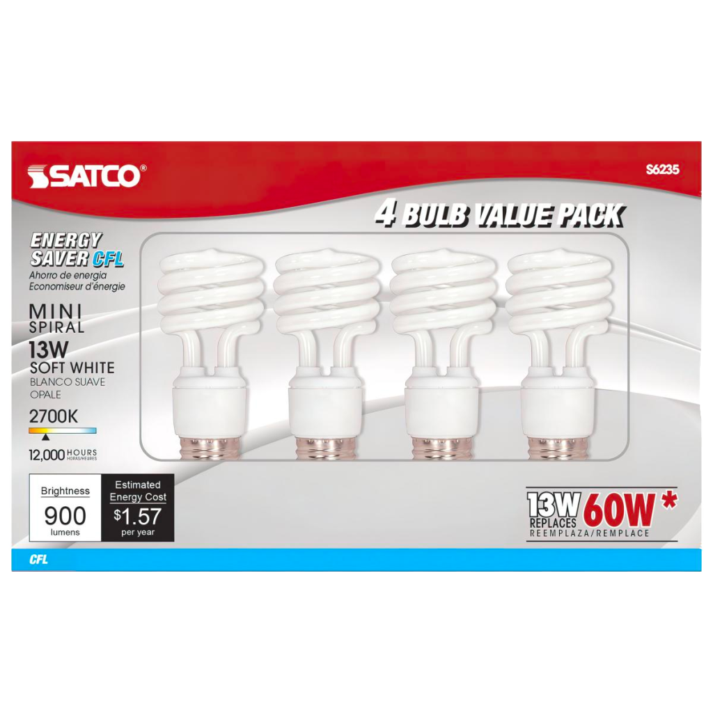 SATCO 13W 4PK 2700K E26 BASE MINI SPIRAL - Atlantic Trading Co.