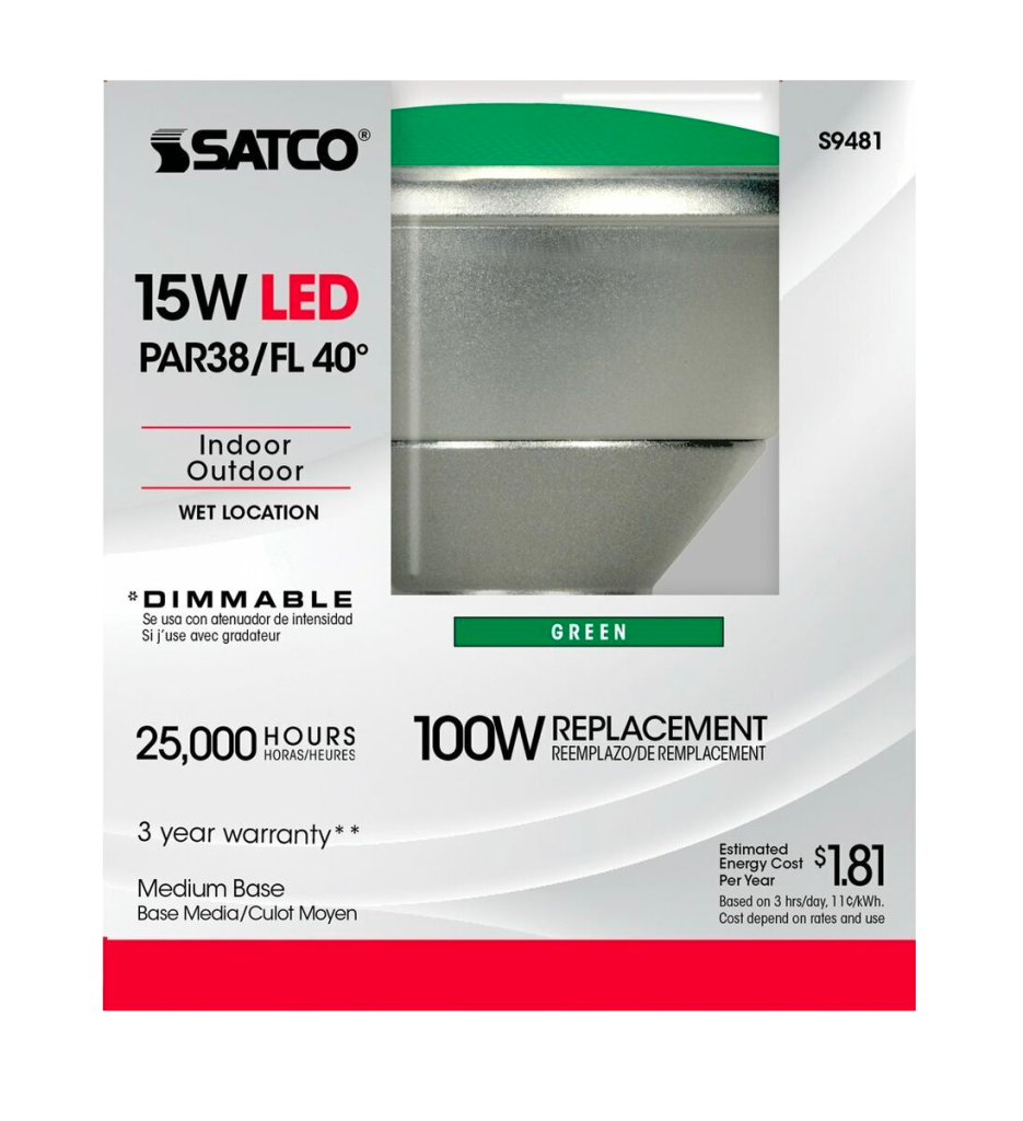 SATCO 15W [100W] PAR38 GREEN LED MED BASE OUTDOOR DIMMABLE - Atlantic ...