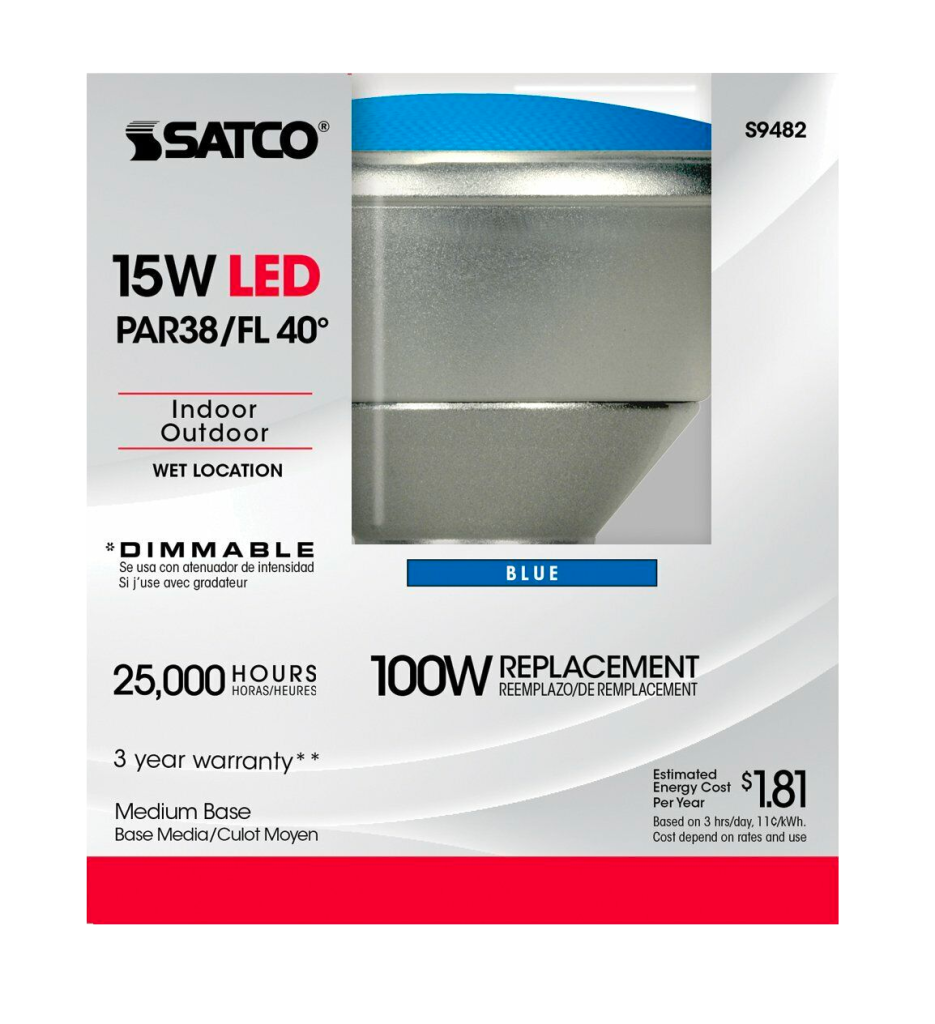 SATCO 15W [100W] PAR38 BLUE LED MED BASE OUTDOOR DIMMABLE - Atlantic ...