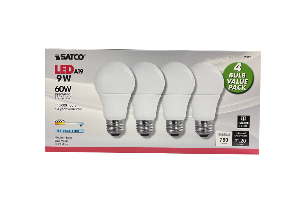 SATCO 10W [60W] 4PK A19 5000K MED BASE NON-DIMMABLE LED - Atlantic ...